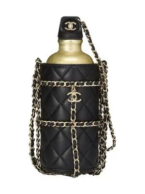 Chanel Lambskin Water Bottle Holder And Bottle - Black