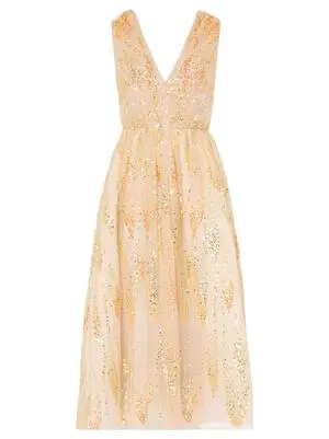 MILLY Tinsley Tulle Sequin Embroidered Midi Dress - Blush