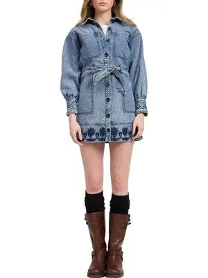 JACQUIE THE LABEL Elodie Embroidered Denim Mini Shirt Dress - Vintage Blue