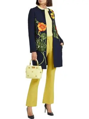Oscar De La Renta Floral-appliquéd Grain De Poudre Wool-blend Coat - Navy