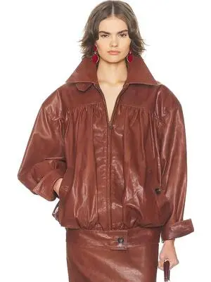 HELSA The Shirred Oversized Leather Jacket - Cognac