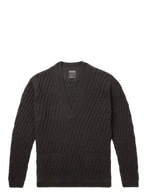 Zegna Cable-knit Oasi Cashmere V-neck Sweater - Black