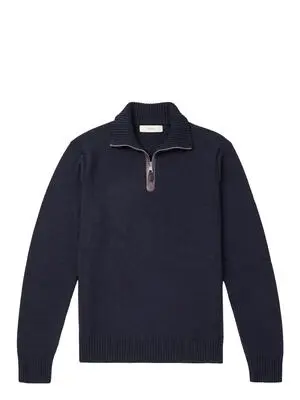 Purdey Leather-trimmed Cashmere Half-zip Sweater - Blue