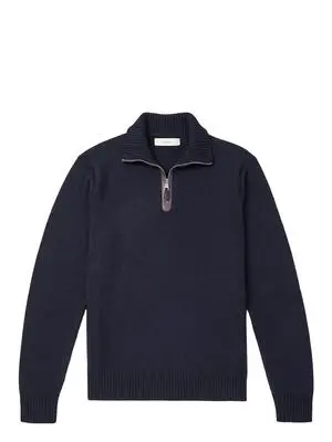 Purdey Leather-trimmed Cashmere Half-zip Sweater - Blue