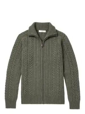 Purdey Burlington Cable-knit Wool And Cashmere Zip-up Cardigan - Green