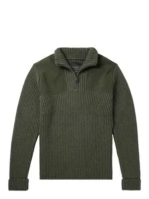Purdey Commando Suede-trimmed Ribbed Wool Half-zip Sweater - Green