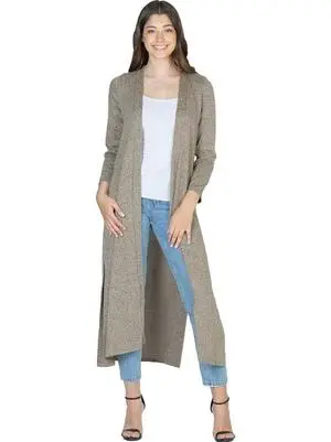 24SEVEN COMFORT APPAREL Long Open Front Knit Cardigan Duster - Taupe