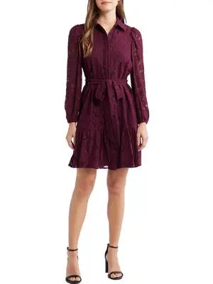 Anne Klein Lace Long Sleeve Tiered Shirtdress - Dark Chianti