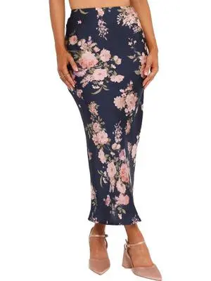 PETAL & PUP Kenna Floral Satin Midi Skirt - Navy Floral