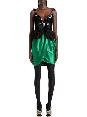 Valentino Garavani Embroidered Velvet & Duchesse Silk Minidress - Emerald
