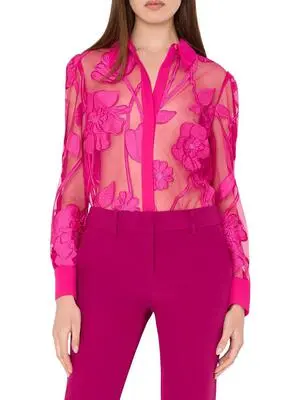 MILLY Ashton Grand Fleur Appliqué Sheer Button-up Shirt - Raspberry