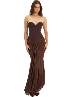 MISS CIRCLE NEW YORK Sweetheart Draped Mesh Mermaid Maxi Dress - Espresso
