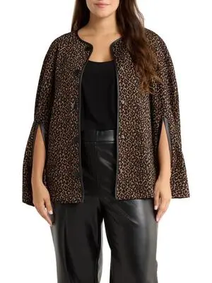 KASPER Leopard Jacquard Cape - Dark Camel/black