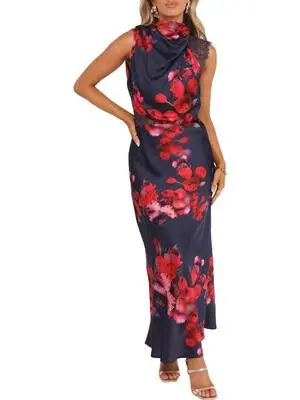 PETAL & PUP Annabelle Floral Cowl Neck Satin Maxi Dress - Navy Floral
