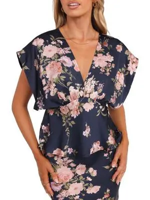 PETAL & PUP Floral Print Dolman Sleeve Satin Top - Navy Floral