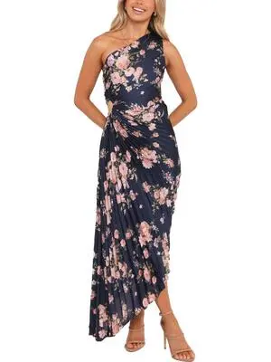 PETAL & PUP Pleated One-shoulder Maxi Dress - Navy Floral