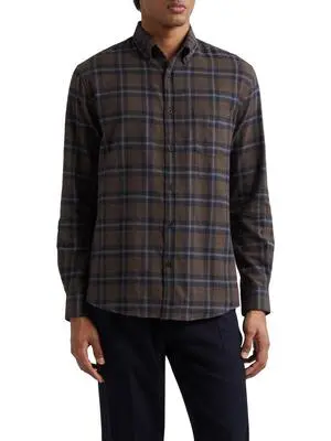Sunspel Check Brushed Cotton Flannel Button-down Shirt - Bark Check