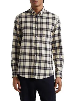 Sunspel Check Brushed Cotton Flannel Button-down Shirt - Ecru/truffle Check
