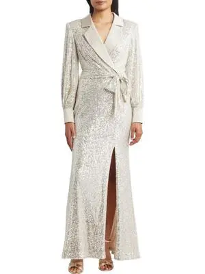 Eliza J Sequin Long-sleeve Shirtdress Gown - Silver