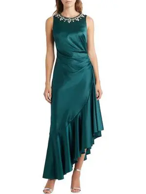 Eliza J Embellished Neck Sleeveless Stretch Satin Cocktail Dress - Hunter