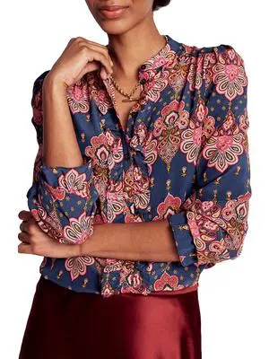 Boden Alice Paisley Ruffle Silk Button-up Shirt - Navy Embellished Paisley