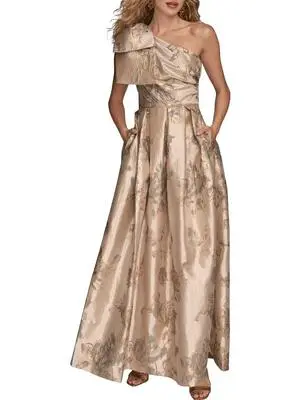 Donna Karan New York Floral Jacquard One-shoulder Ball Gown - Champagne Metallic