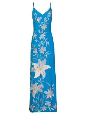 LA FUORI Aqua Lily Garden Embroidered Silk Dress - Blue
