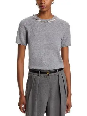 Bloomingdale'S Crystal Trimmed Cashmere Short Sleeve Sweater - Medium Gray