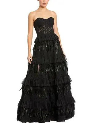 Mac Duggal Strapless Tiered Lace & Feather Gown - Black