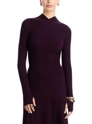 Victoria Beckham Merino Wool Ribbed Long-sleeve Top - Merlot