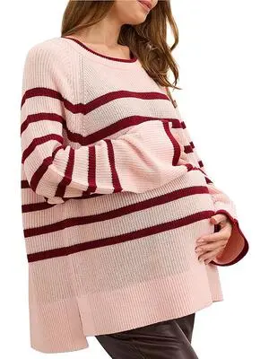 Hatch Collection Carly Striped Shaker Maternity Sweater - Pink/deep Red Stripe