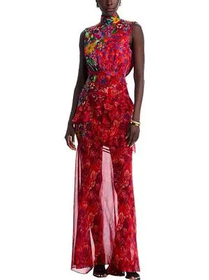 Saloni Fleur Silk Maxi Dress - Astilbe Garden