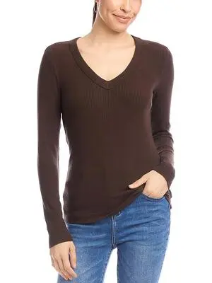 Karen Kane Ribbed V-neck Top - Brown