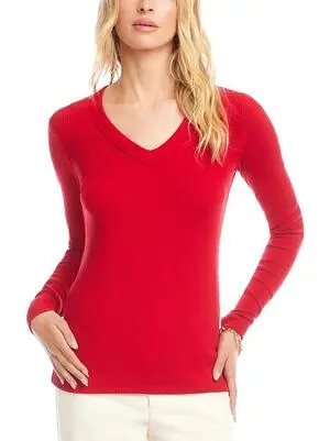 Karen Kane Ribbed V-neck Top - Red