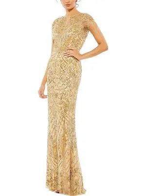 Mac Duggal Embellished Fringe Cap Sleeve Trumpet Gown - Light Gold