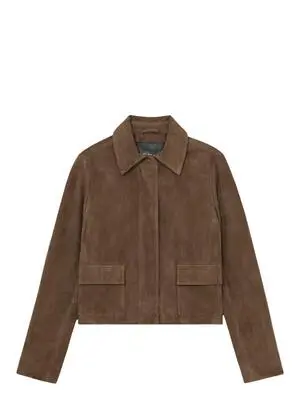 REISS Drew Cropped Suede Jacket - Taupe Neutral