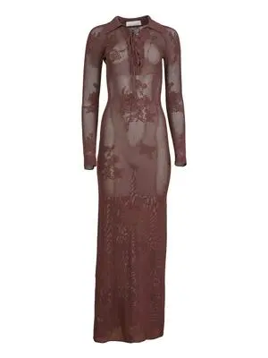 FLEUR DU MAL Lace Pointelle Long Sleeve Maxi Dress - Cognac