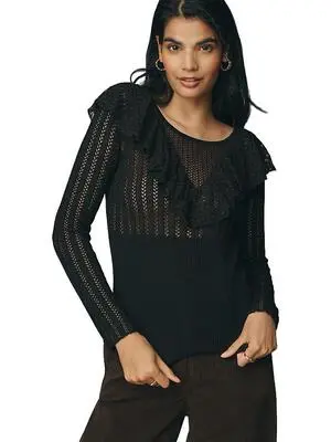 Maeve Sheer Ruffled Fitted Crewneck Sweater - Black