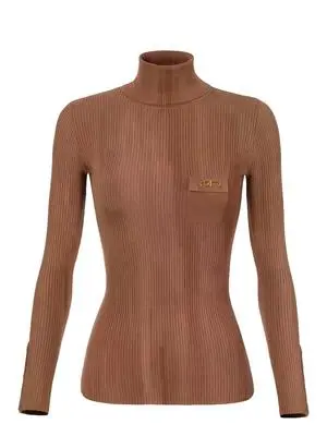 Elisabetta Franchi Ribbed Knit Turtleneck Sweater With Breast Pocket - Brown