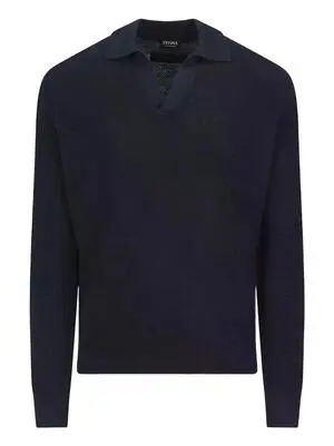 Zegna Open-collar Cashmere Polo Shirt - Blue