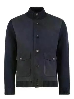 SLOWEAR Leather Panelled Button Cardigan - Blue