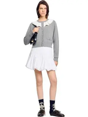 Sandro Cardigan With Ruffled Collar And Piped Pockets - Black / White / Pink / Gray