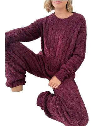Splendid Fuzzy Cable Knit Sweater Pj Set - Burgundy