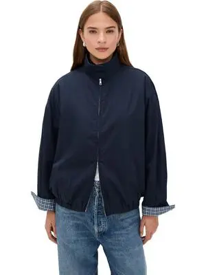 Pixie Market Plaid Contrast Bomber Jacket - Navy