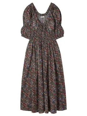 DÔEN Ischia Shirred Floral-Print Organic Cotton-Voile Midi Dress Multi