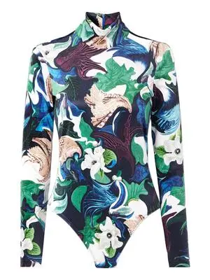 MARY KATRANTZOU Jordan Printed Stretch-velvet Turtleneck Bodysuit - Blue