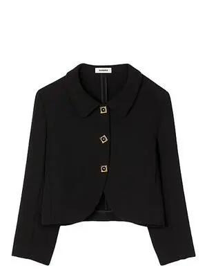 Sandro Cropped Woven Jacket With Jewel Buttons - Black