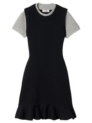 Sandro Stretch-knit Mini Dress With Ruffle Hem - Navy Blue