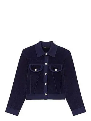 Maje Button-down Cropped Stretch-velvet Jacket - Navy