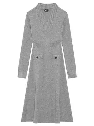 The Kooples Knitted V-neck Midi Dress - Light Grey
